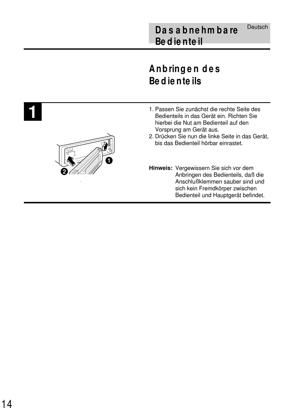 Anbringen Des Bedienteils - Alpine TDA-7567R Bedienungsanleitung [Seite ...
