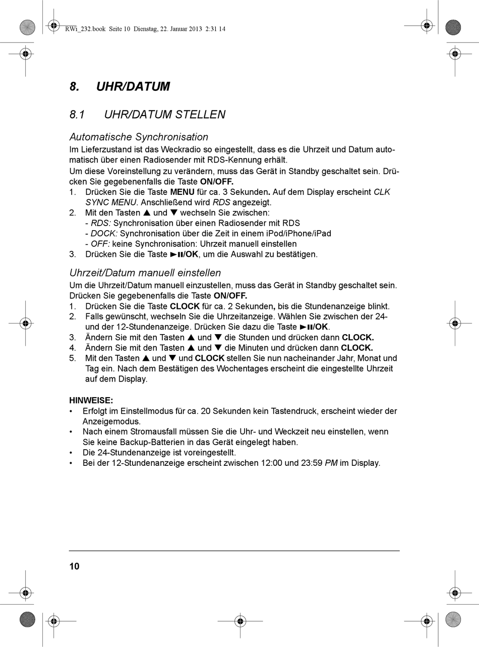 Uhr/Datum; Uhr/Datum Stellen; Automatische Synchronisation; Uhrzeit ...