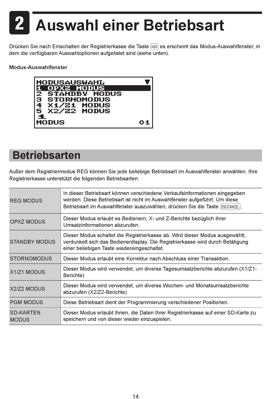 Auswahl Einer Betriebsart; Betriebsarten - Sharp XE-A307 ...