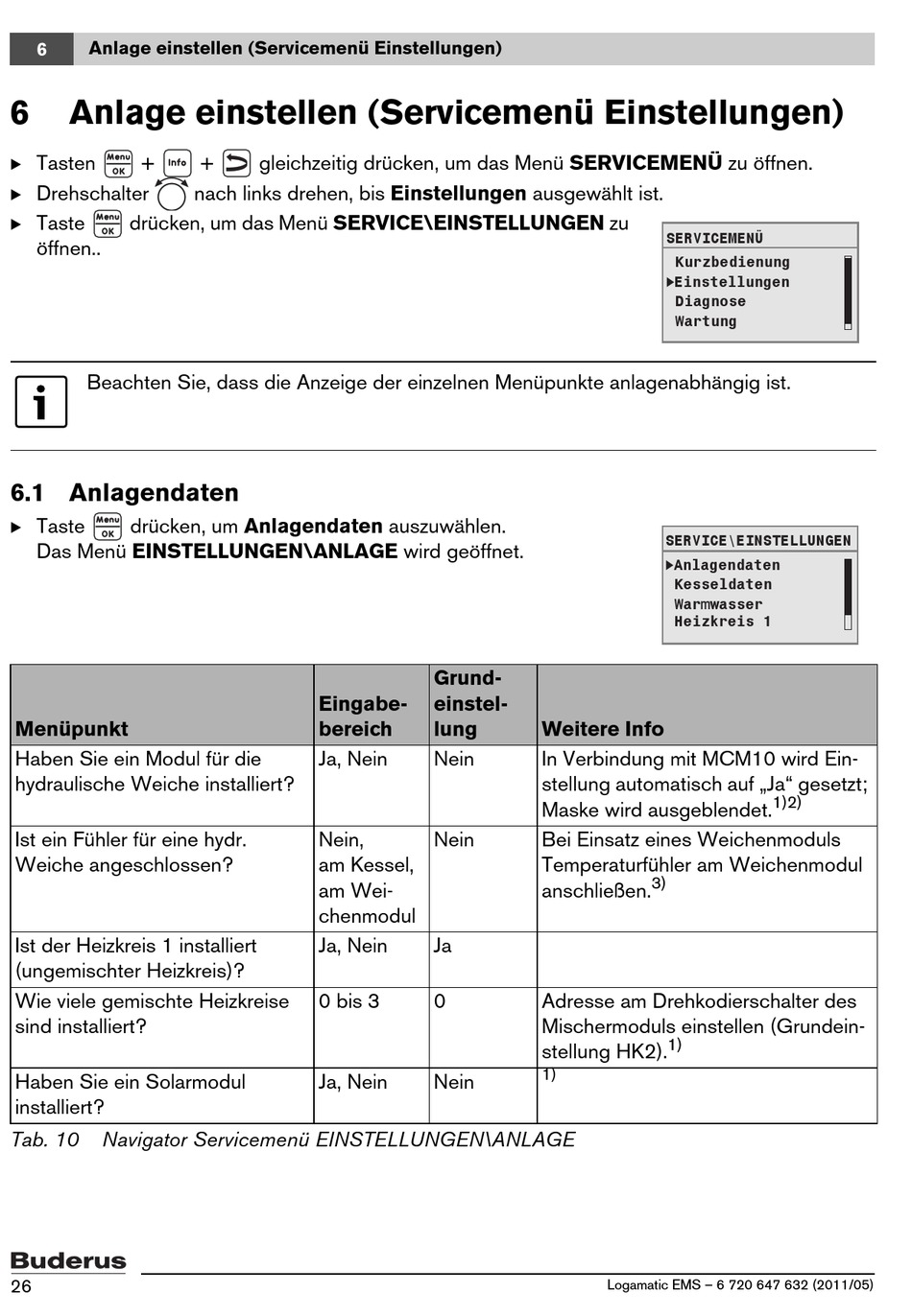 Anlage Einstellen (Servicemenü Einstellungen); Anlagendaten - Buderus ...
