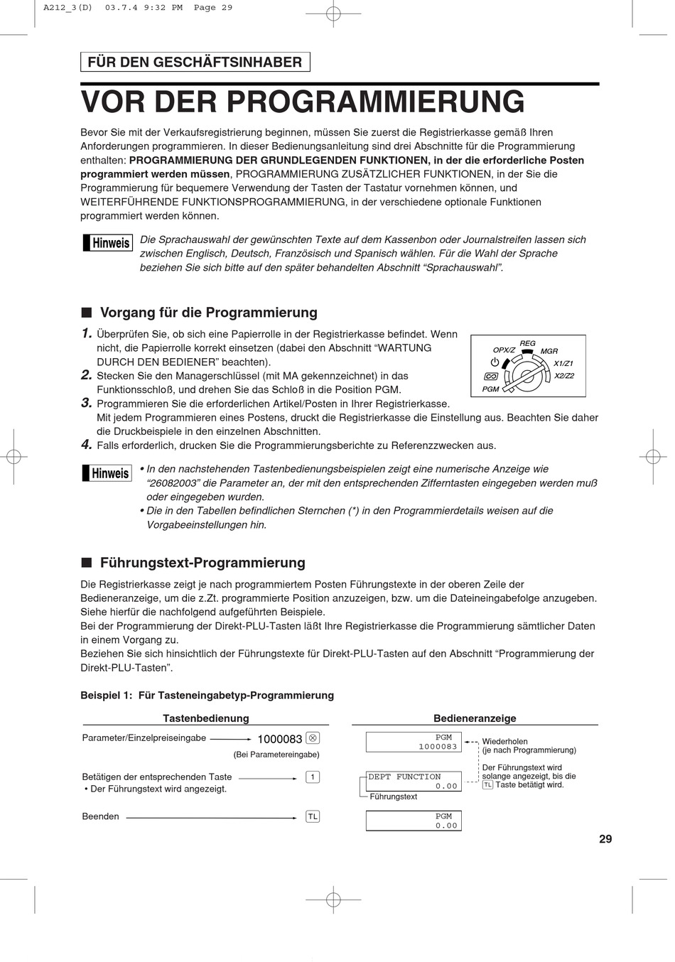 Für Den Geschäftsinhaber; Vor Der Programmierung; Vorgang Für Die ...