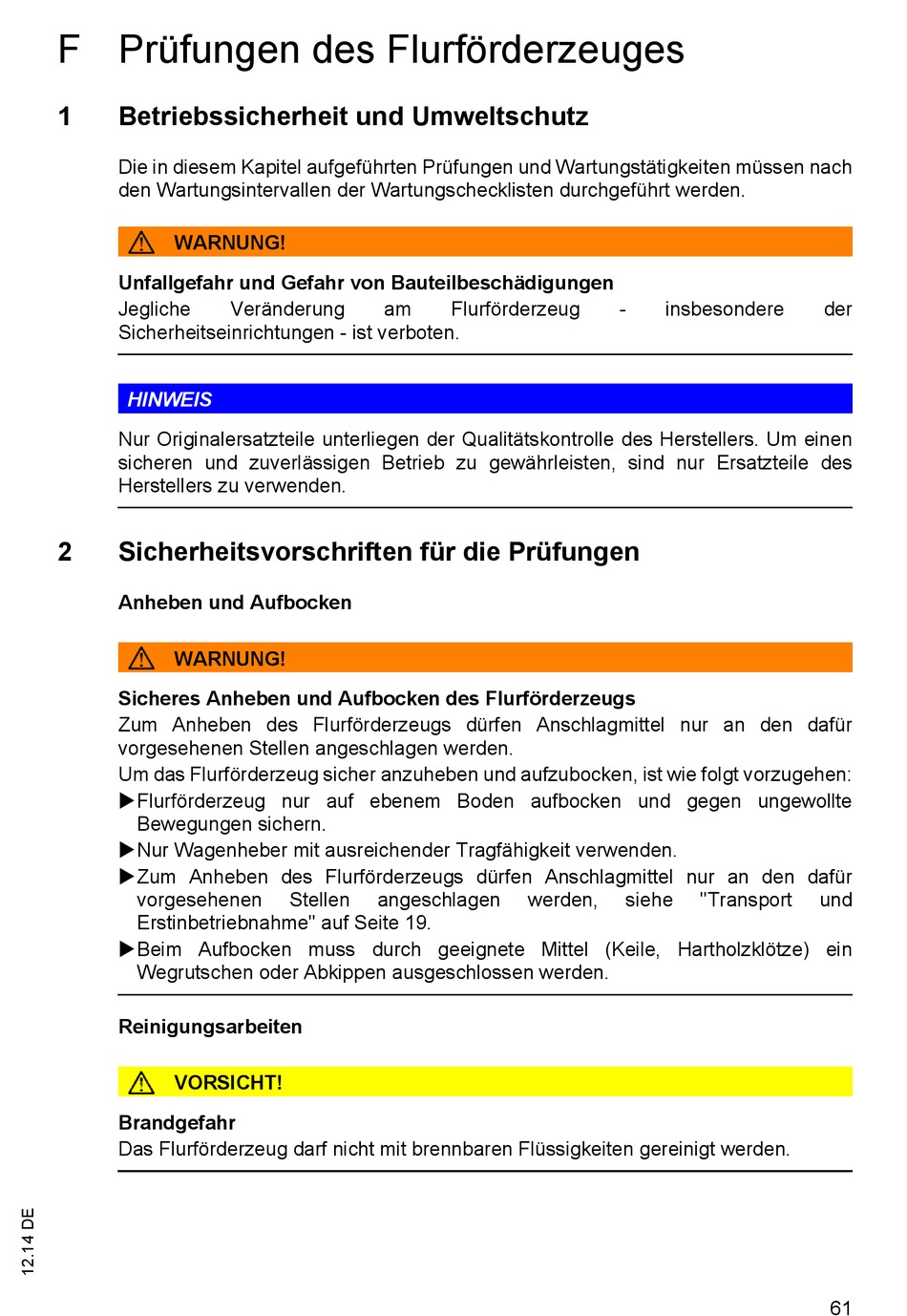 F Prüfungen Des Flurförderzeuges; Betriebssicherheit Und Umweltschutz; Sicherheitsvorschriften ...