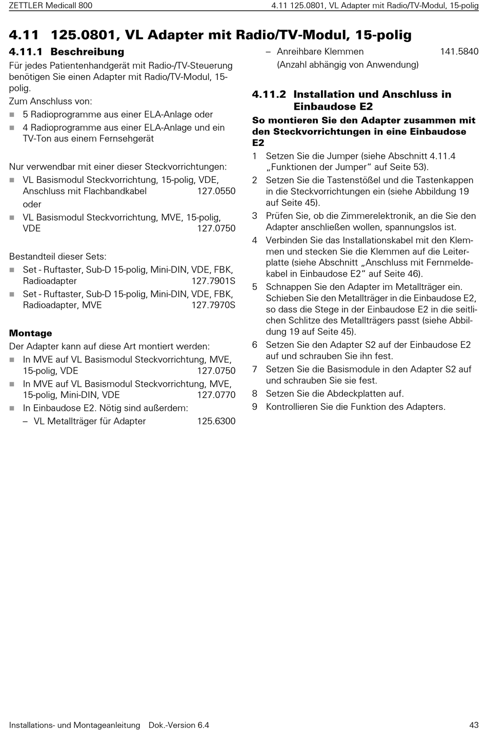 1, Vl Adapter Mit Radio/Tv-Modul, 15-Polig; Beschreibung; Installation ...