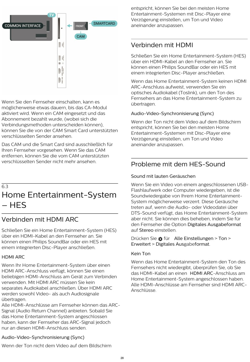 Home Entertainment-System - Hes; Verbinden Mit Hdmi Arc; Verbinden Mit Hdmi; Probleme Mit Dem ...