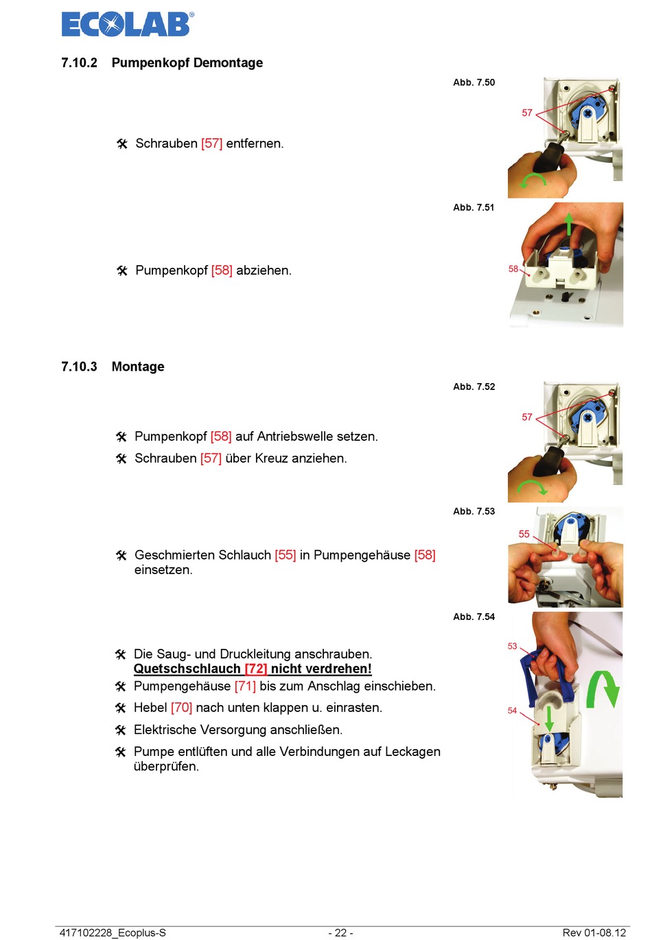 Pumpenkopf Demontage; Montage - ECOLAB ECOPLUS S series ...
