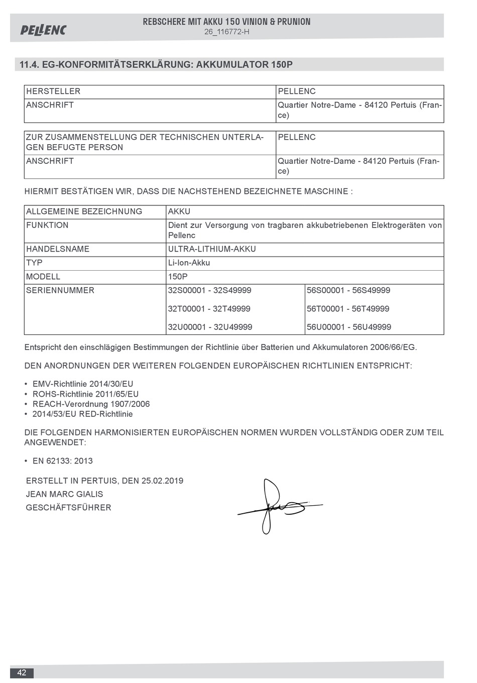 Eg-Konformitätserklärung: Akkumulator 150P - pellenc Prunion Übersetzung Der Original-Anleitung ...