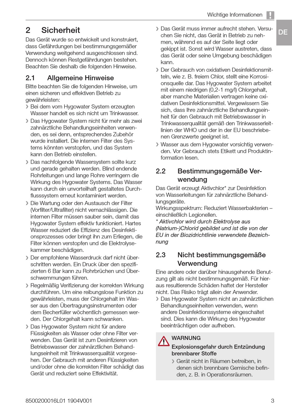 Sicherheit; Allgemeine Hinweise; Bestimmungsgemäße Verwen; Dung - Durr Dental Hygowater ...