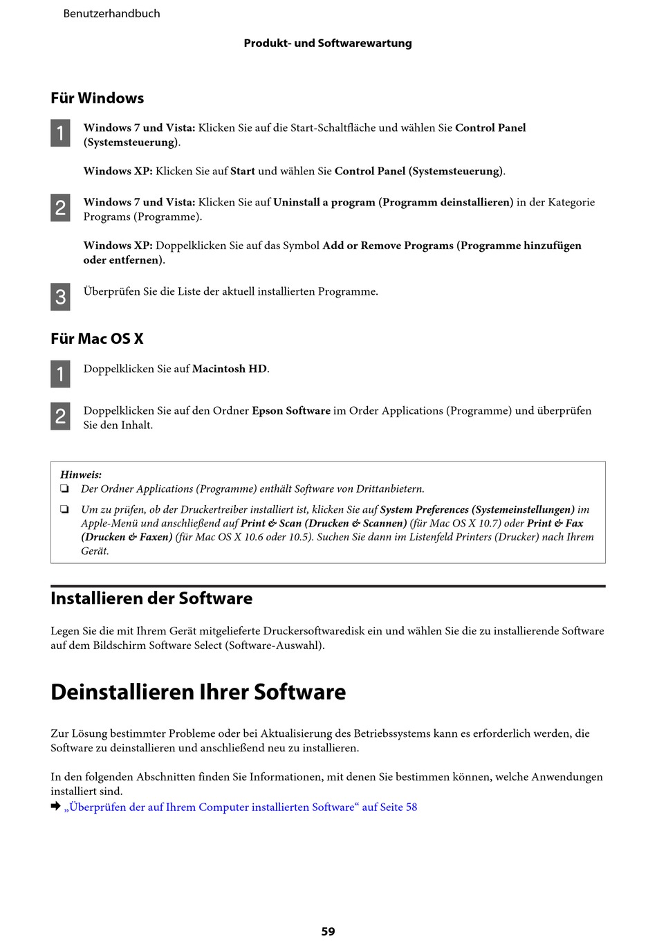 Installieren Der Software; Deinstallieren Ihrer Software - Epson WF ...