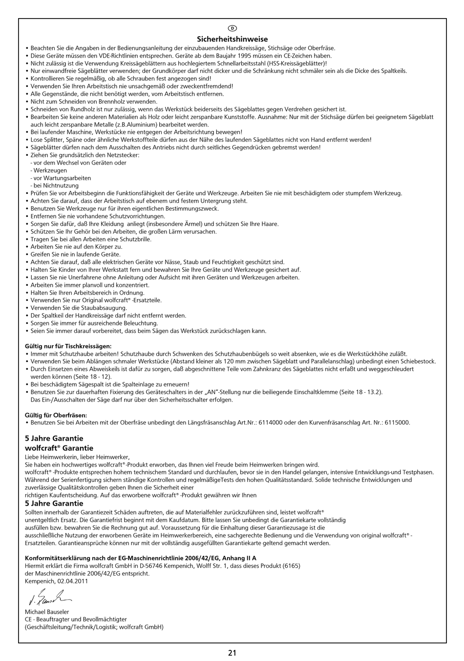 Sicherheitshinweise; Jahre Garantie - Wolfcraft 6165 ...