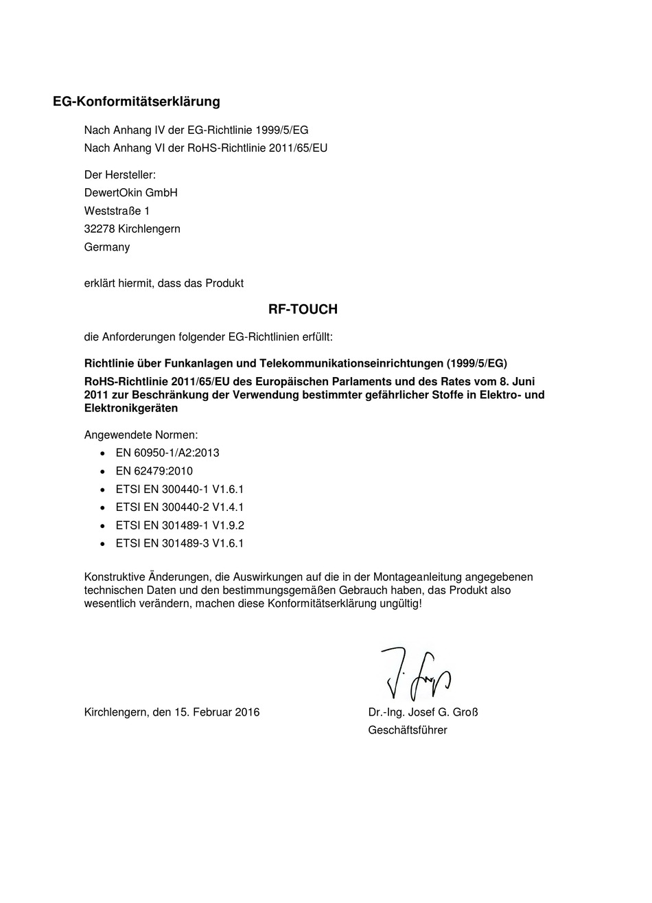 Eg-Konformitätserklärung - DewertOkin RF-TOUCH Systemanleitung [Seite 15] | ManualsLib