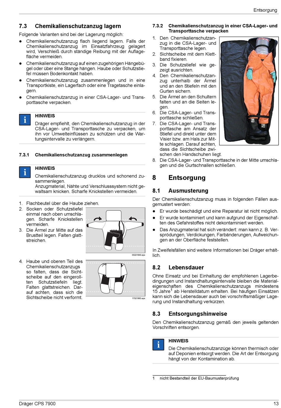 Chemikalienschutzanzug Lagern; Entsorgung; Ausmusterung; Lebensdauer ...