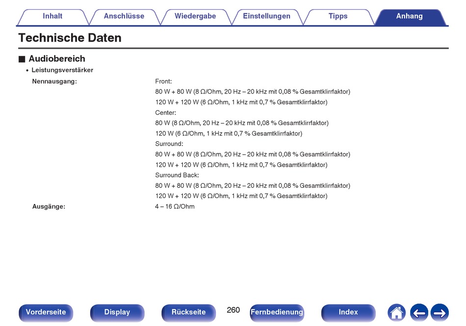 Technische Daten; Audiobereich - Denon AVR-X1500H Bedienungsanleitung [Seite 260] | ManualsLib