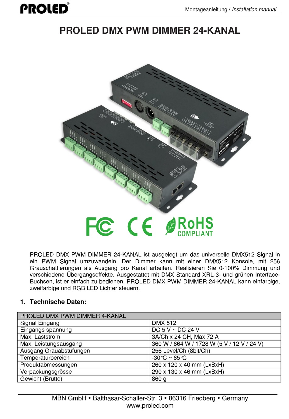 PROLED DMX PWM DIMMER MONTAGEANLEITUNG Pdf-Herunterladen | ManualsLib