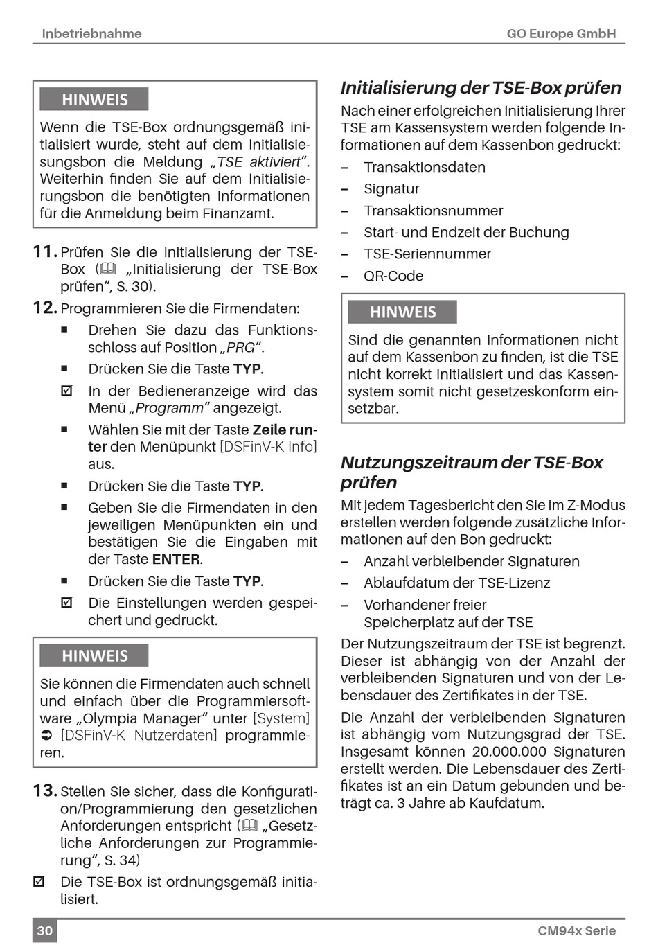 Initialisierung Der Tse-Box Prüfen; Nutzungszeitraum Der Tse-Box Prüfen ...