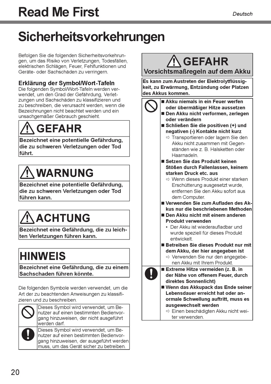 Read Me First; Sicherheitsvorkehrungen; Erklärung Der Symbol/Wort ...