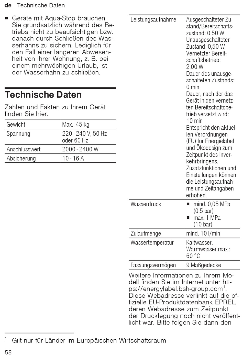 Technische Daten - Siemens SR61HX12KE Gebrauchsanleitung [Seite 58 ...