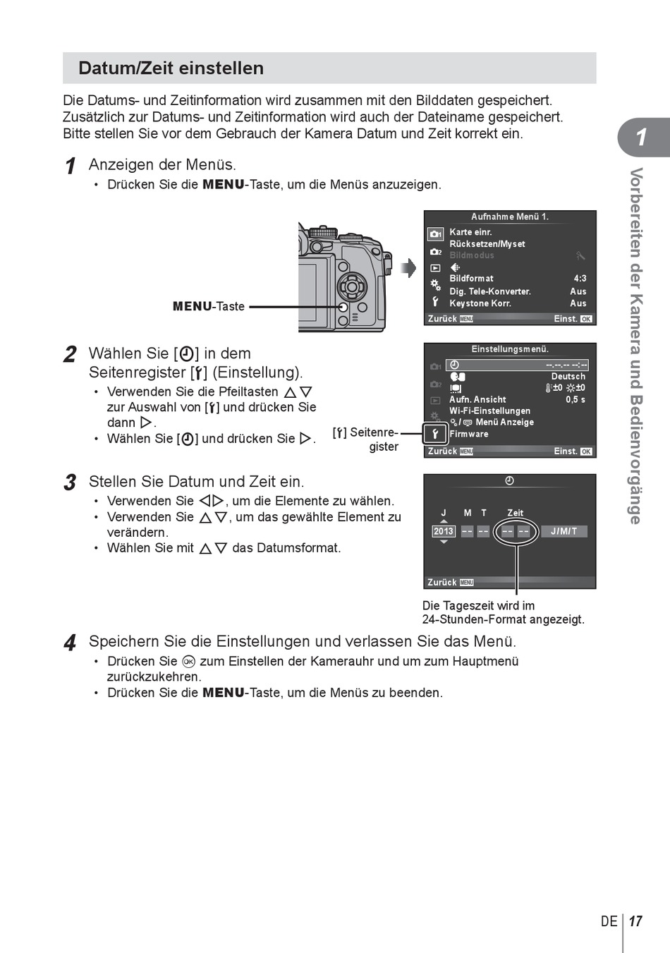 Datum/Zeit Einstellen - Olympus E-M1 Bedienungsanleitung [Seite 17] | ManualsLib