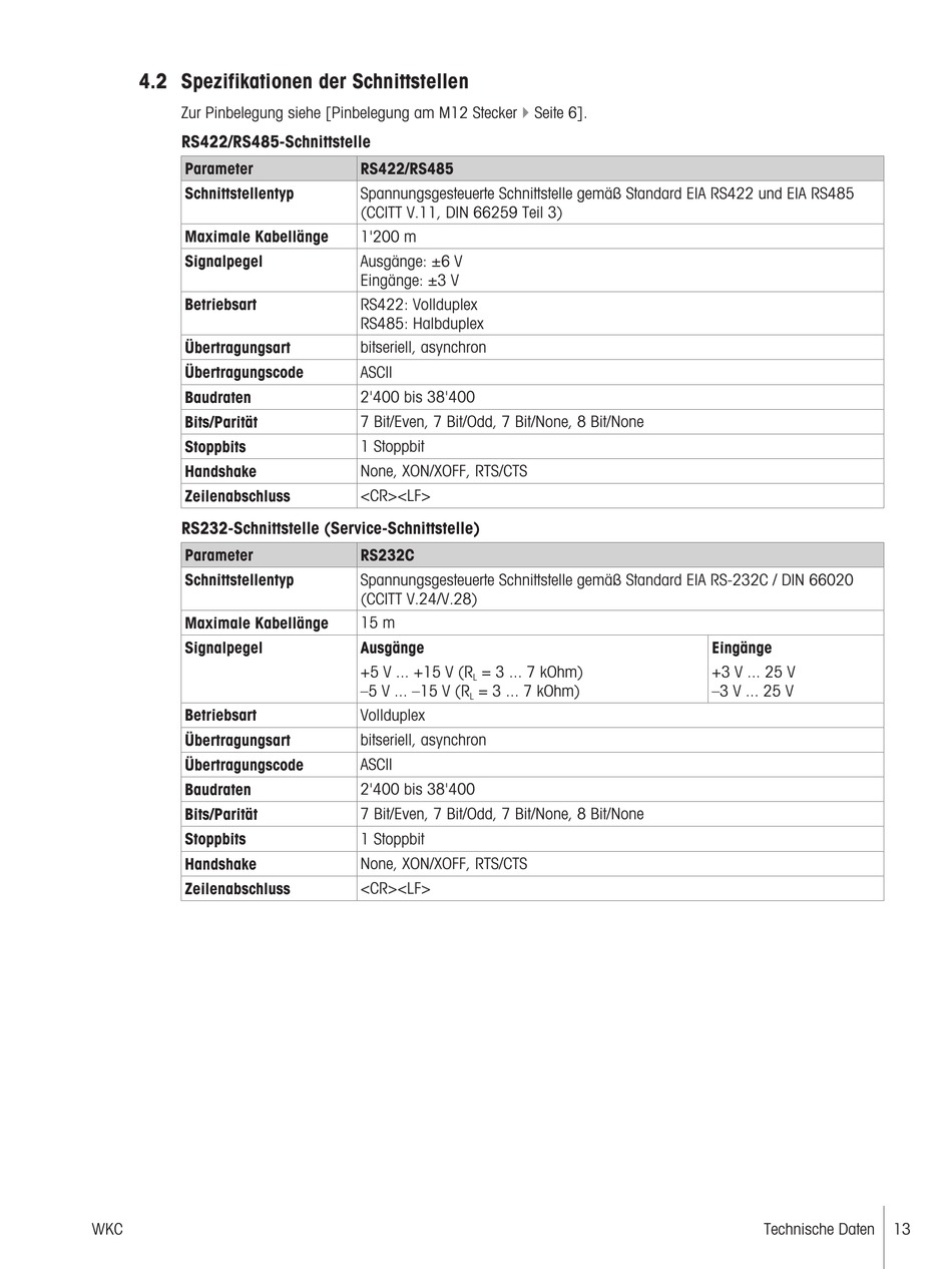 Spezifikationen Der Schnittstellen - Mettler Toledo WKC Serie ...