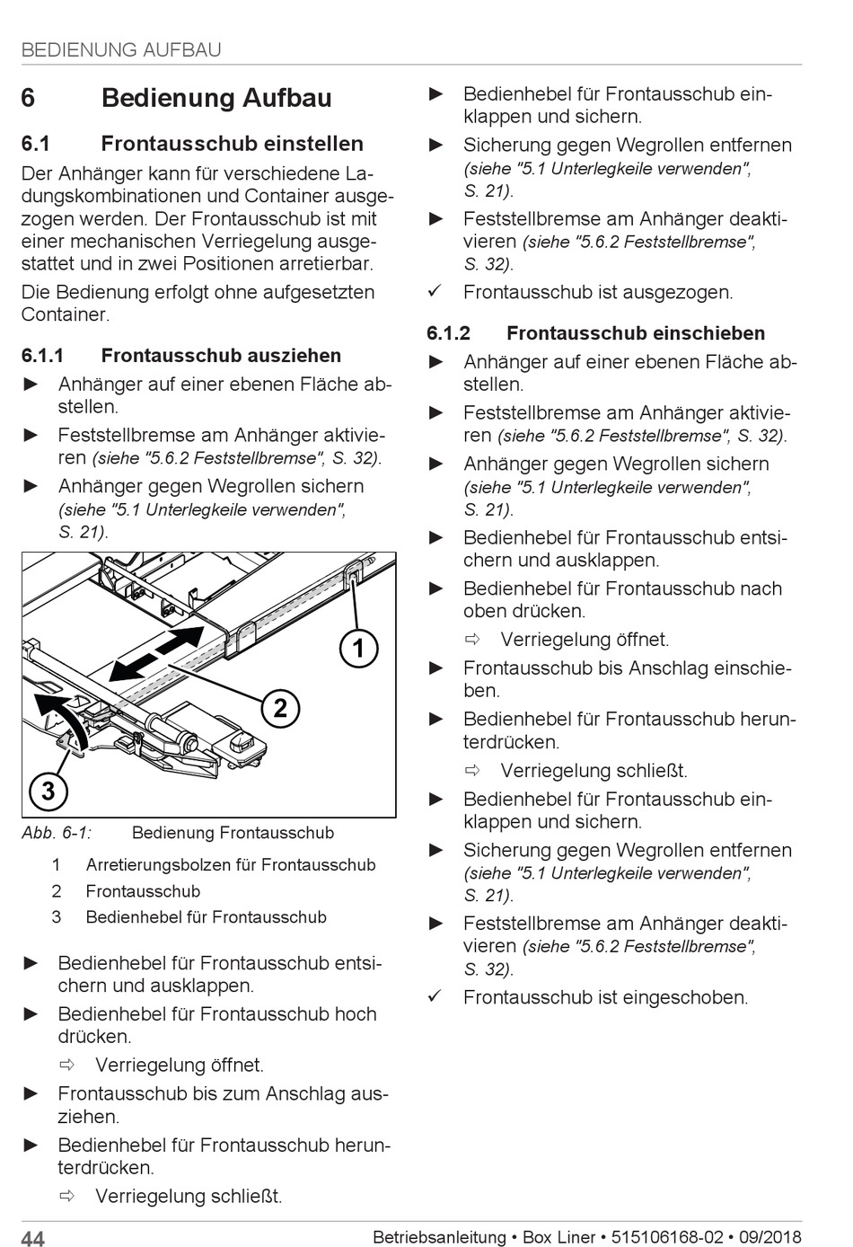 Bedienung Aufbau; Frontausschub Einstellen; Frontausschub Ausziehen ...
