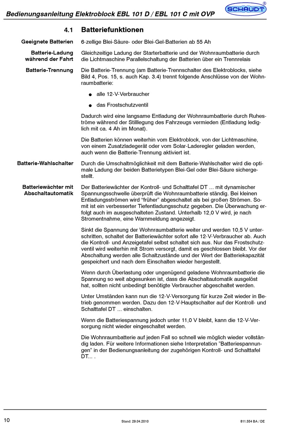 Batteriefunktionen - Schaudt Elektroblock EBL 101 D Bedienungsanleitung ...