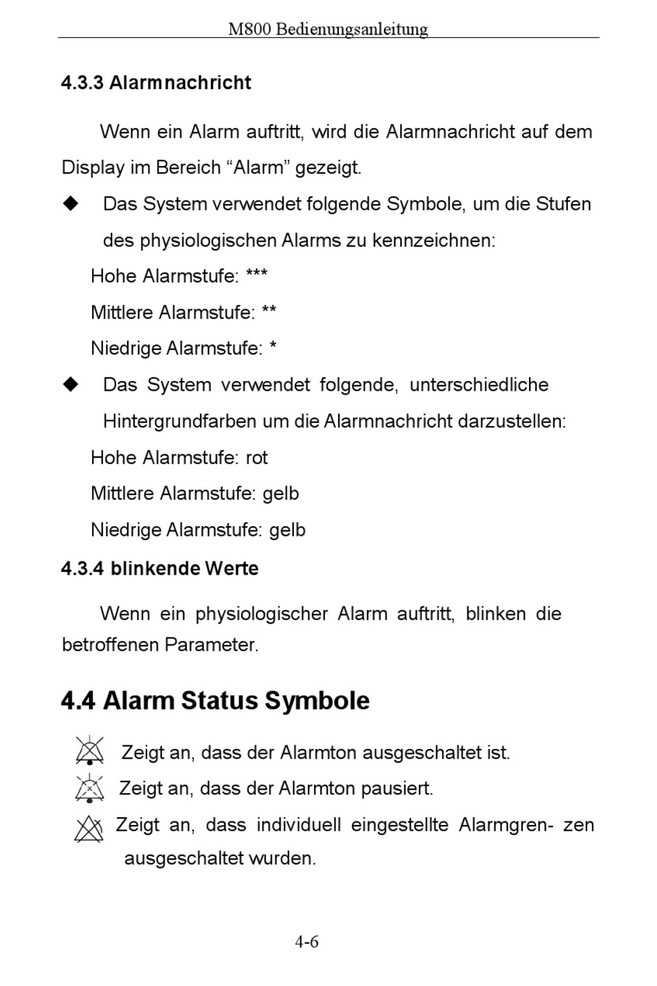 Alarmnachricht; Alarm Status Symbole - BLT M800 Bedienungsanleitung ...