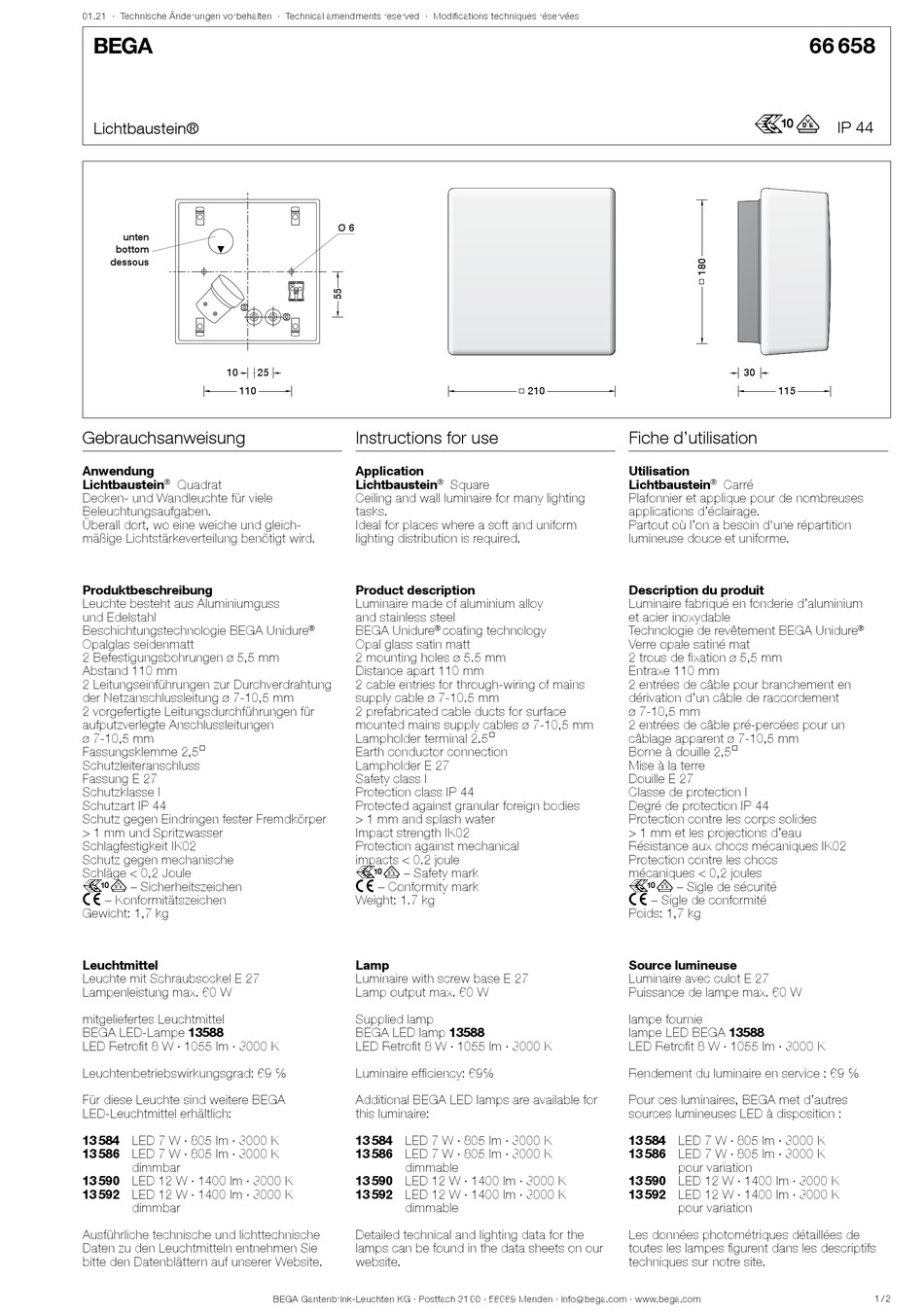 BEGA LICHTBAUSTEIN 66 658 GEBRAUCHSANWEISUNG Pdf-Herunterladen | ManualsLib