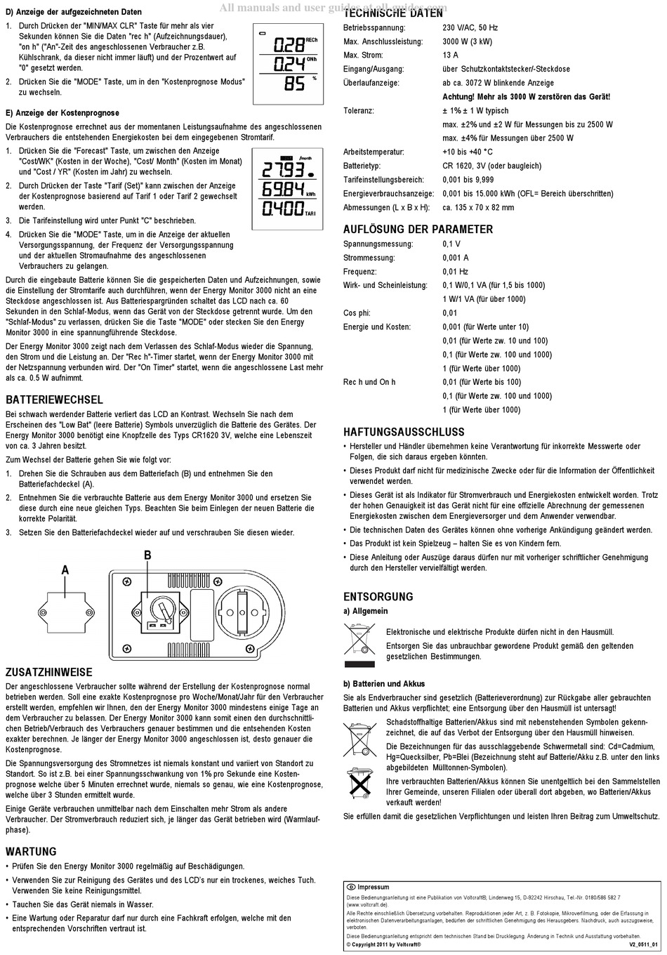 Haftungsausschluss; Wartung - VOLTCRAFT ENERGY MONITOR 3000 ...