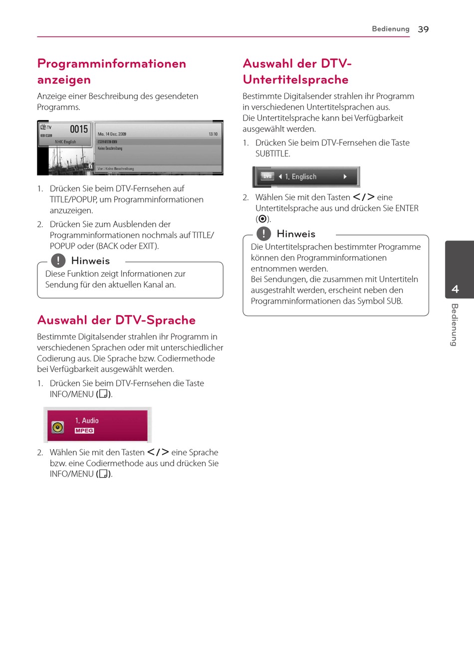 Programminformationen Anzeigen; Auswahl Der Dtv-Sprache; Auswahl Der Dtv-Untertitelsprache - LG ...