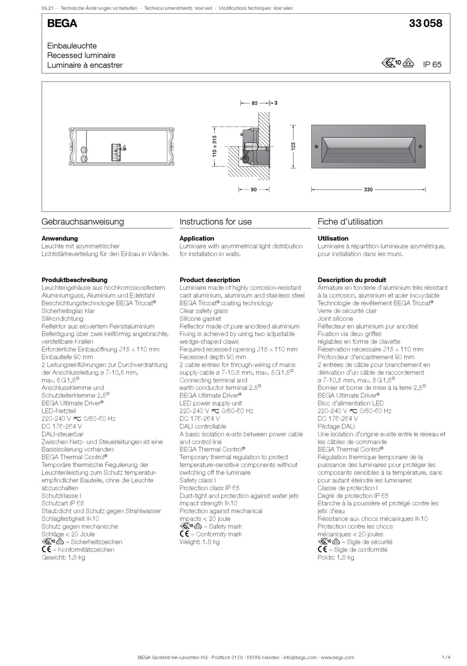 BEGA 33 058 GEBRAUCHSANWEISUNG Pdf-Herunterladen | ManualsLib