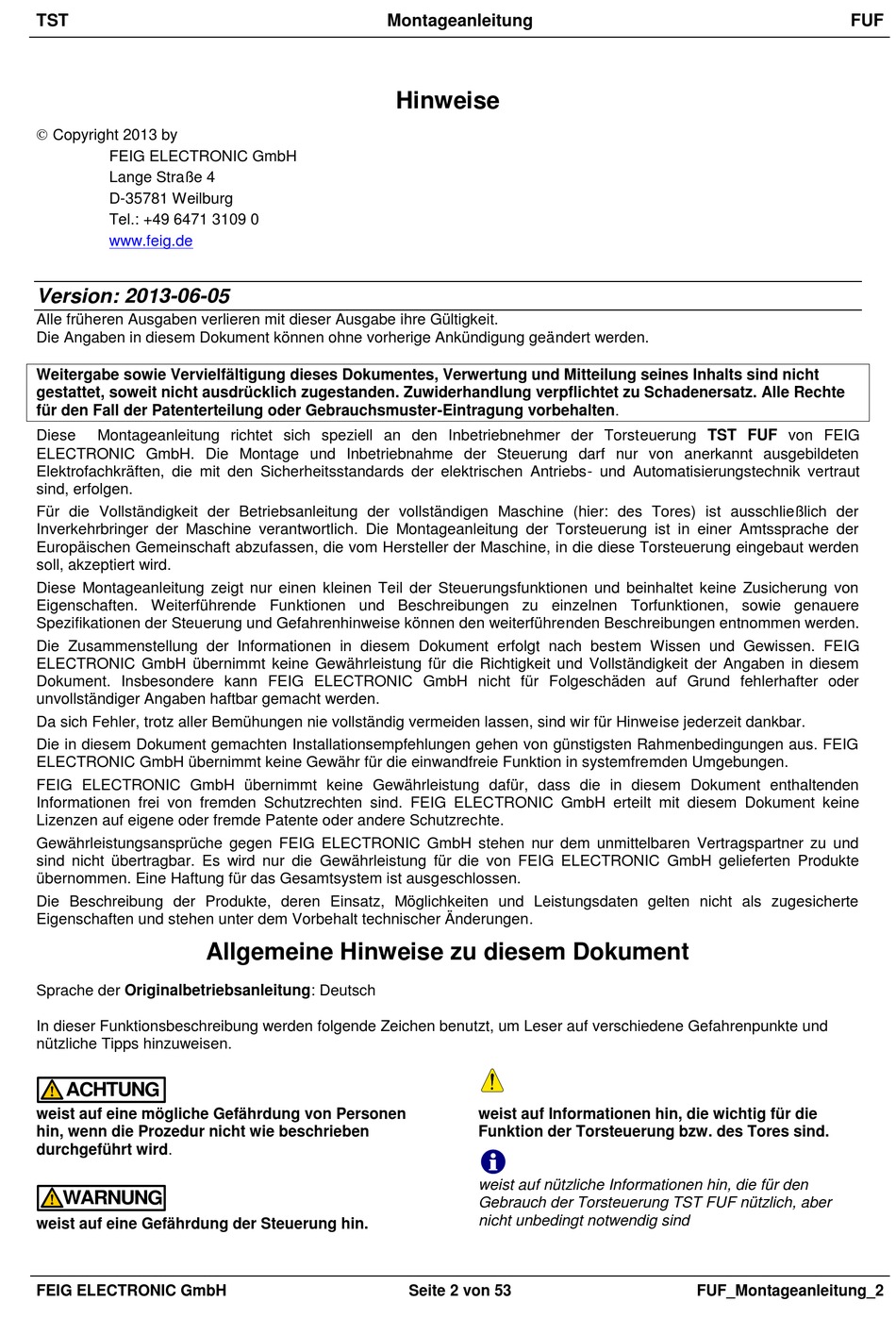 Hinweise; Allgemeine Hinweise Zu Diesem Dokument - Feig Electronic TST FUF Montageanleitung ...