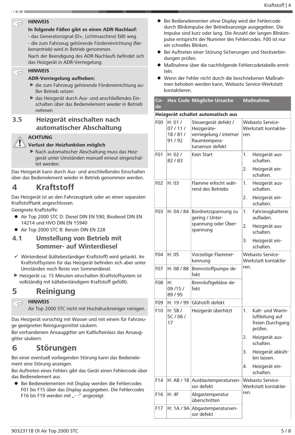 Heizgerät Einschalten Nach Automatischer Abschaltung; Kraftstoff ...