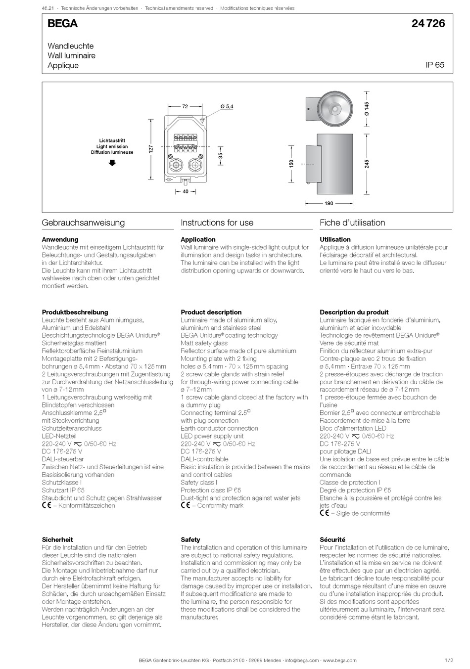 BEGA 24 726 GEBRAUCHSANWEISUNG Pdf-Herunterladen | ManualsLib