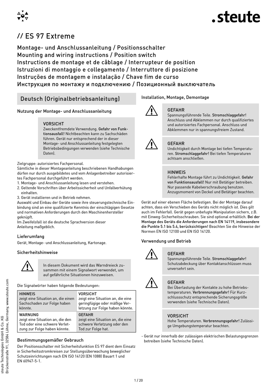 STEUTE ES 97 EXTREME MONTAGE- UND ANSCHLUSSANLEITUNG Pdf-Herunterladen | ManualsLib