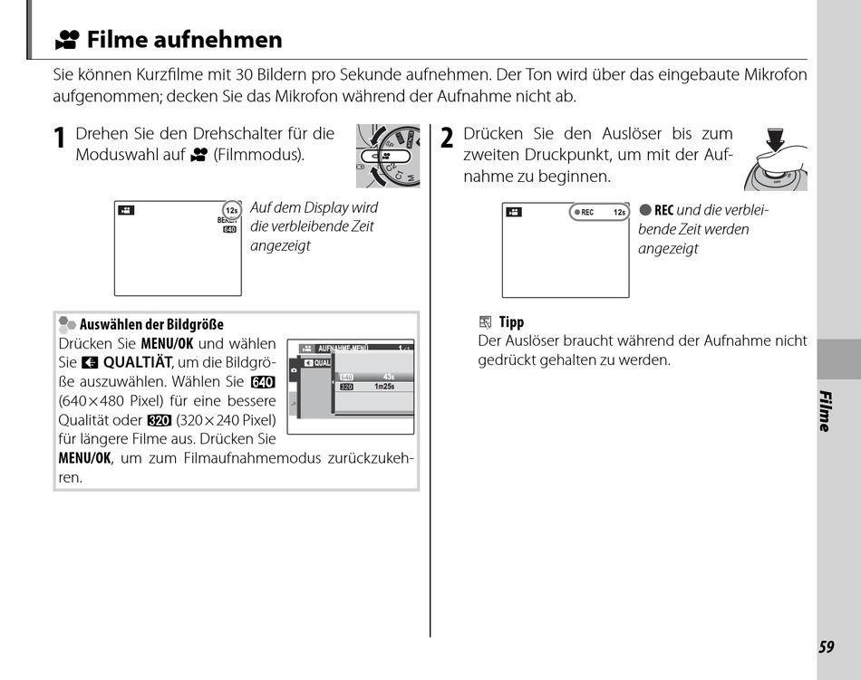 F Filme Aufnehmen - FujiFilm FinePix S200EXR Bedienungsanleitung [Seite 73] | ManualsLib
