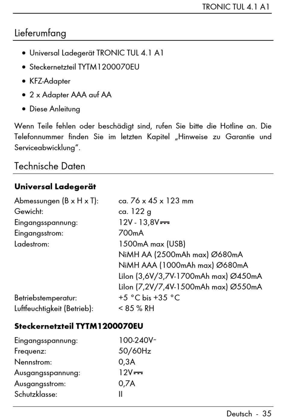 Lieferumfang; Technische Daten - Tronic TUL 4.1 A1 Bedienungsanleitung ...