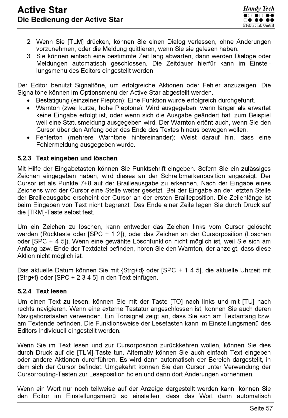 Text Eingeben Und Löschen; Text Lesen - Handy Tech A ct ive S tar Bedienungsanleitung [Seite 58 ...