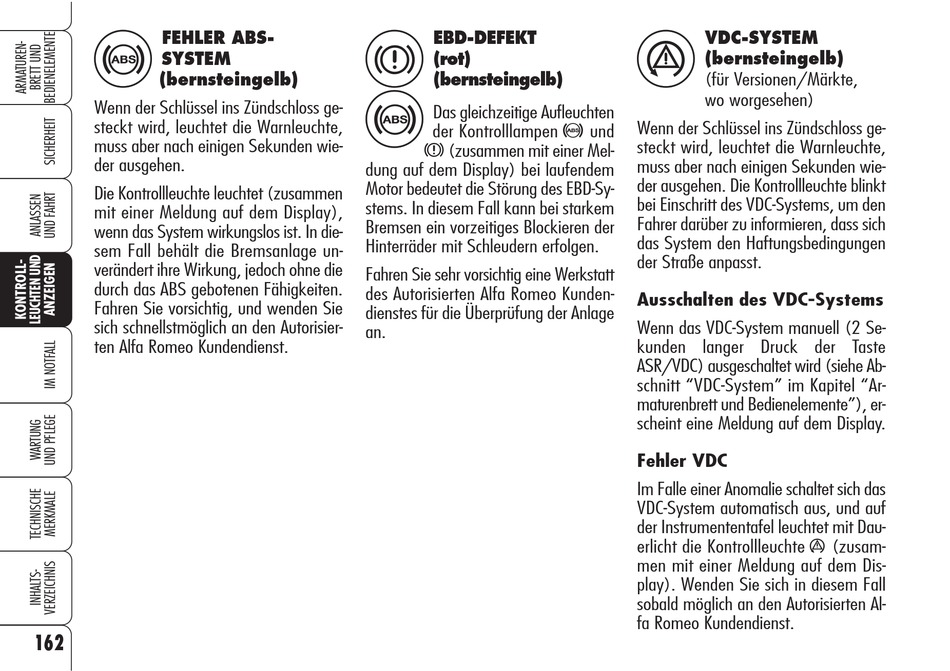 Fehler Abs-System; Ebd-Defekt; Vdc-System - Alfa Romeo Alfa BRERA ...