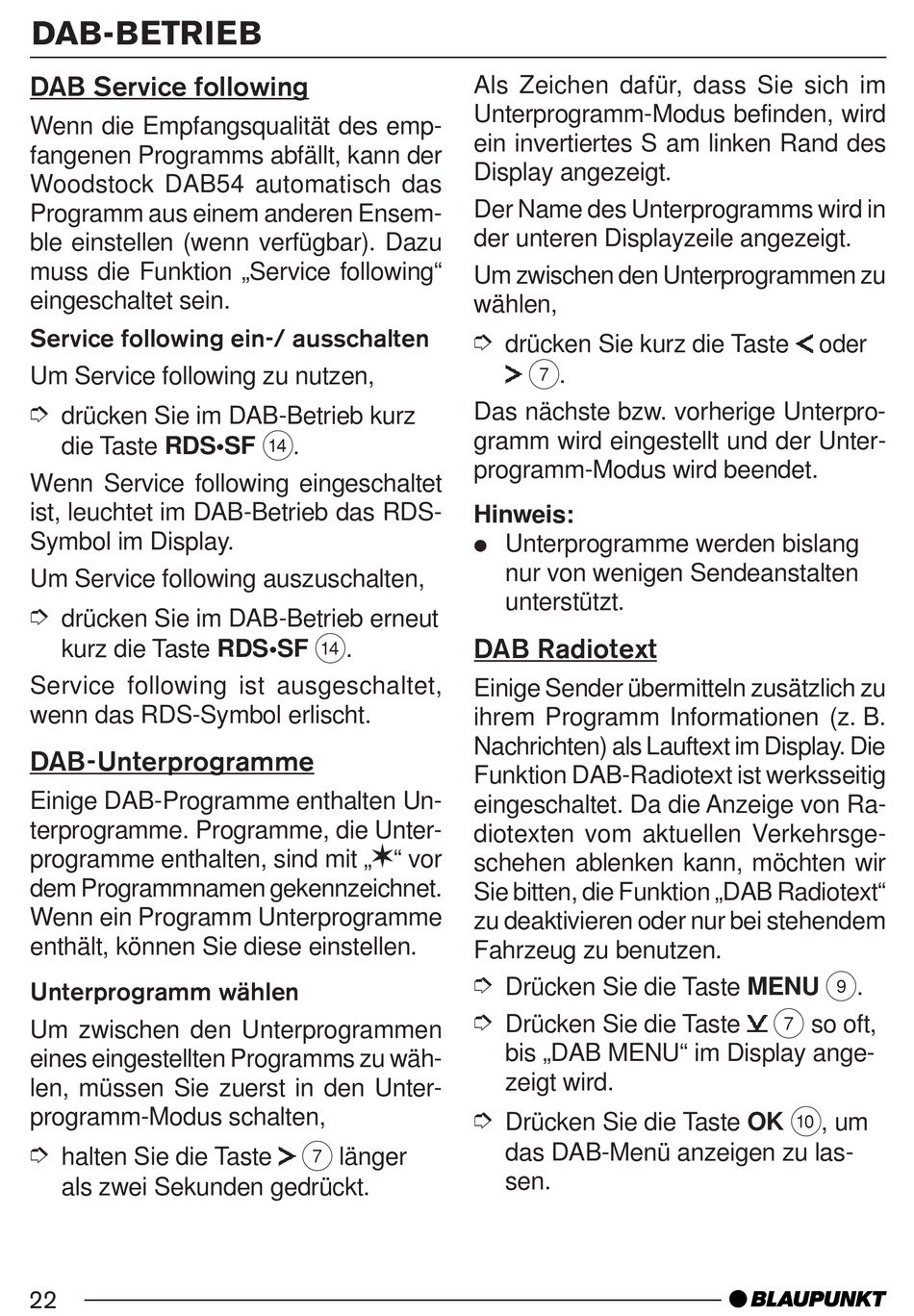 Dab Service Following; Dab-Unterprogramme; Dab Radiotext - Blaupunkt Woodstock DAB54 ...
