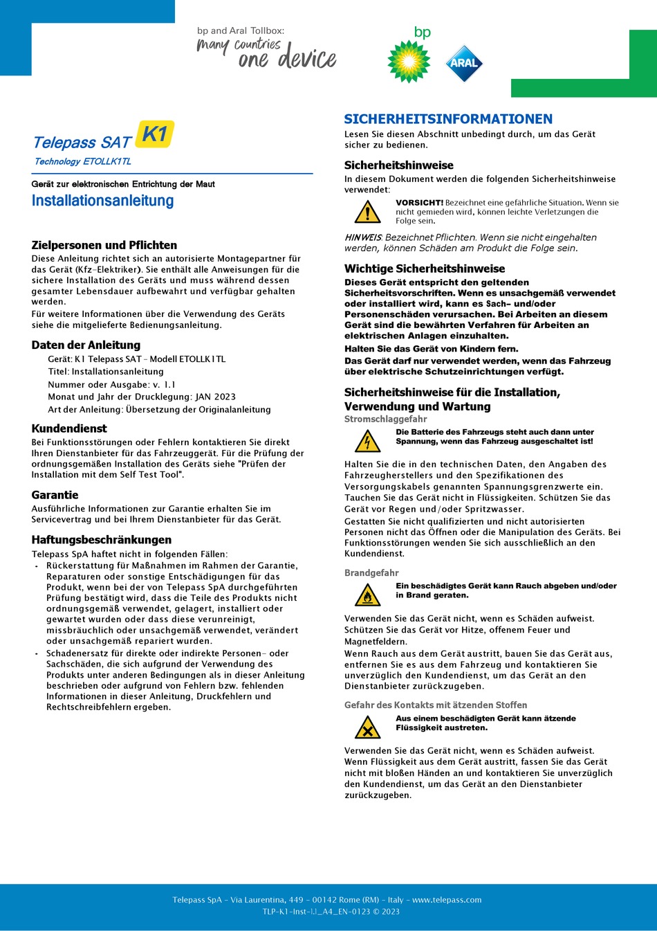 Sicherheitsinformationen - TELEPASS K1 Installationshandbuch [Seite 2 ...