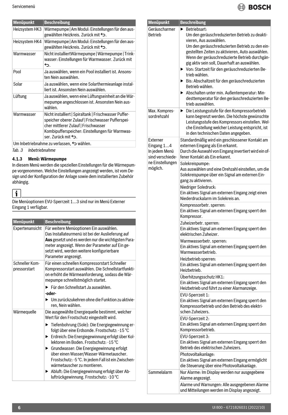 Menü: Wärmepumpe - Bosch UI 800 Installationsanleitung [Seite 6] | ManualsLib