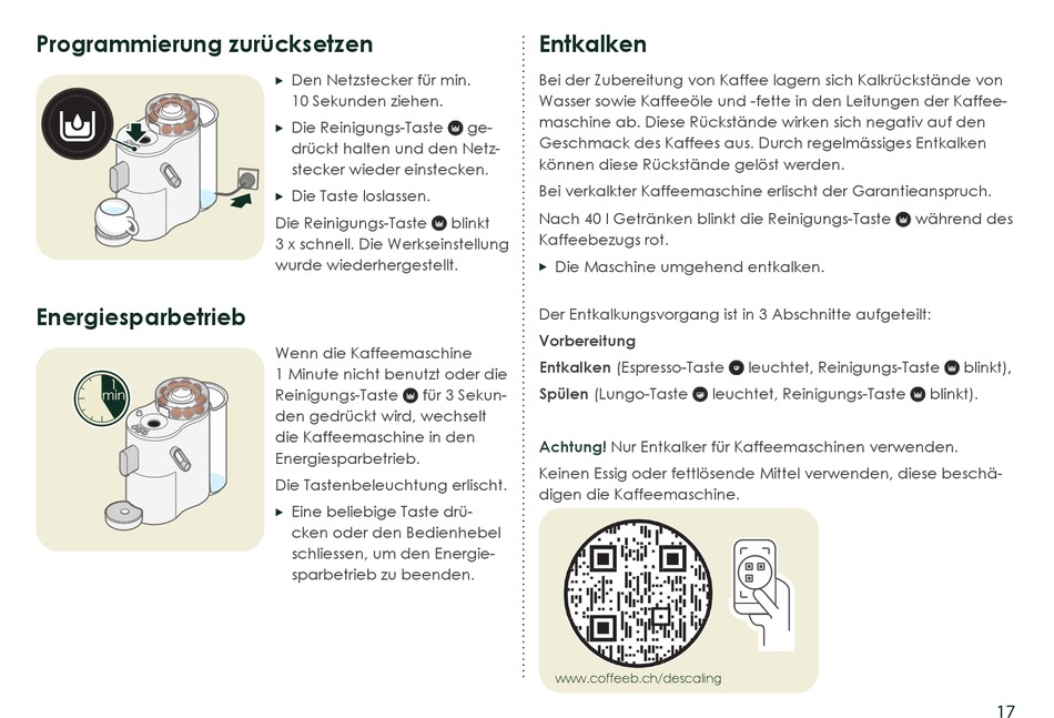 Programmierung Zurücksetzen; Energiesparbetrieb; Entkalken - CoffeeB ...