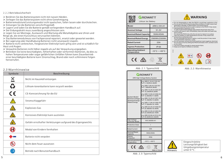 Betriebssicherheit; Warnhinweise; Beschreibung - Growatt ARK-Serie Benutzerhandbuch [Seite 5 ...