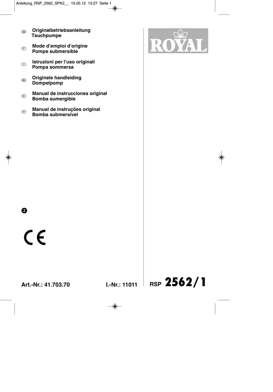 ROYAL RSP 2562/1 ORIGINALBETRIEBSANLEITUNG Pdf-Herunterladen | ManualsLib