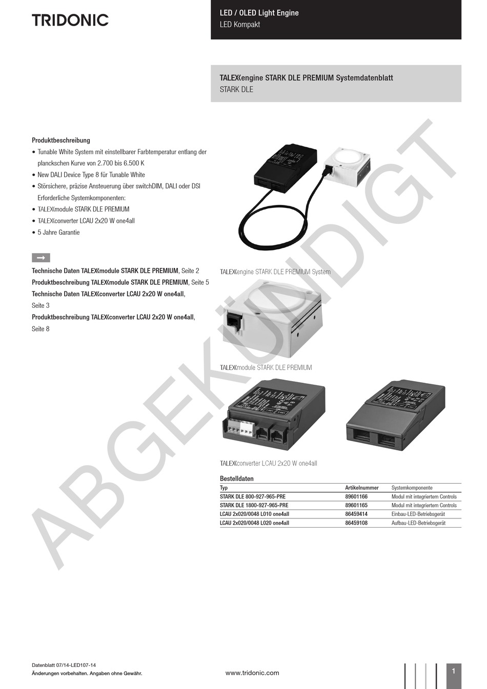 TRIDONIC TALEXENGINE STARK DLE PREMIUM PRODUKTBESCHREIBUNG Pdf-Herunterladen | ManualsLib
