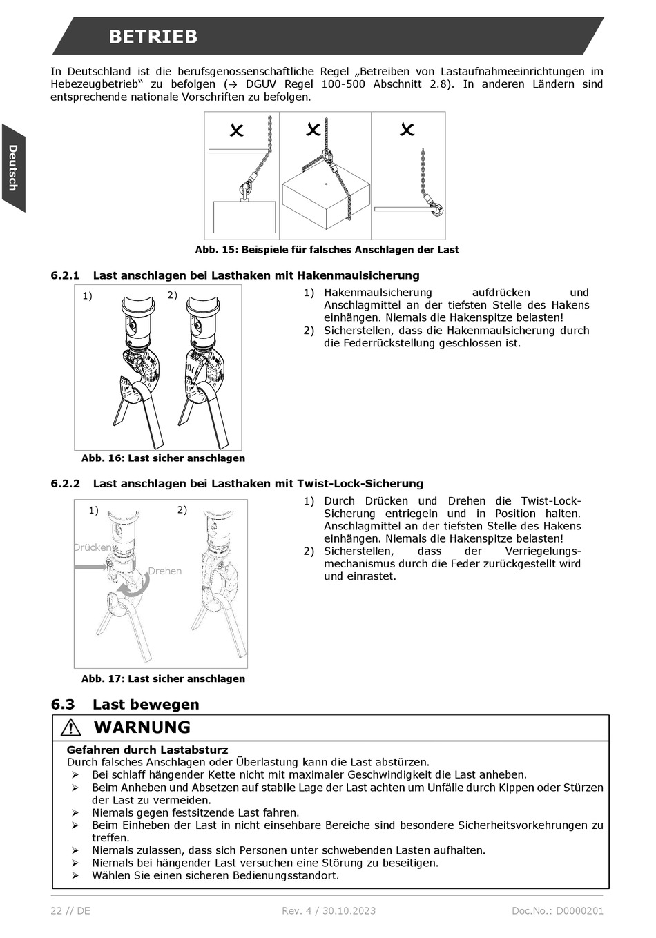 Last Anschlagen Bei Lasthaken Mit Twist-Lock-Sicherung; Last Bewegen ...