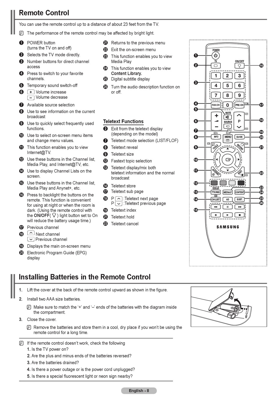 Remote Control; Installing Batteries In The Remote Control - Samsung ...