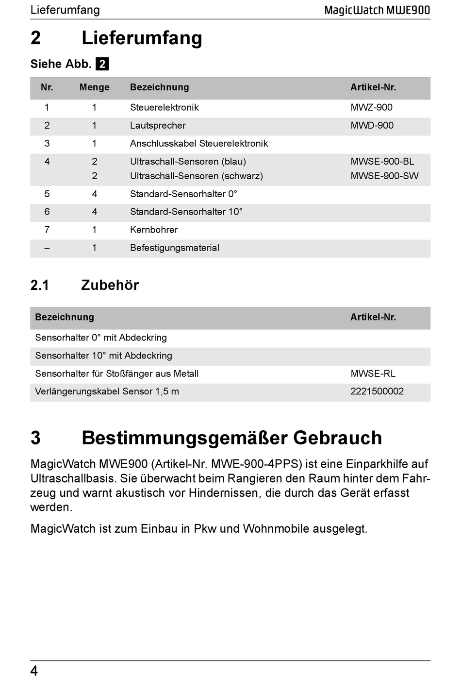 Lieferumfang; Bestimmungsgemäßer Gebrauch - Waeco MagicWatch MWE900 ...