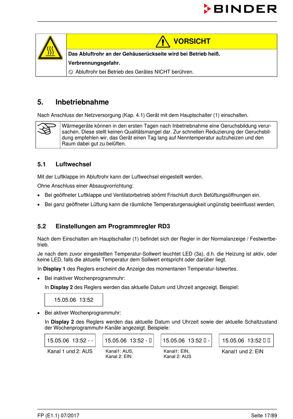 Inbetriebnahme; Luftwechsel; Einstellungen Am Programmregler Rd3 ...