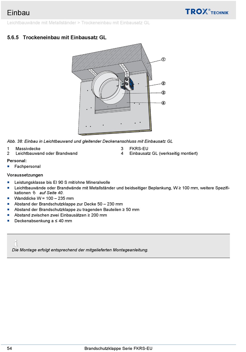 Trockeneinbau Mit Einbausatz Gl - Trox FKRS-EU Serie Montage- Und ...