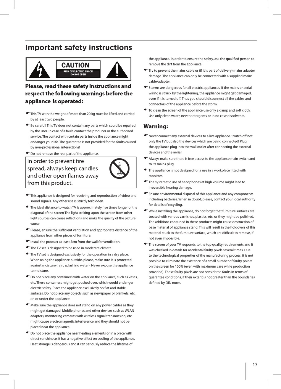 Important Safety Instructions - Blaupunkt B32C124TC Bedienungsanleitung [Seite 17] | ManualsLib